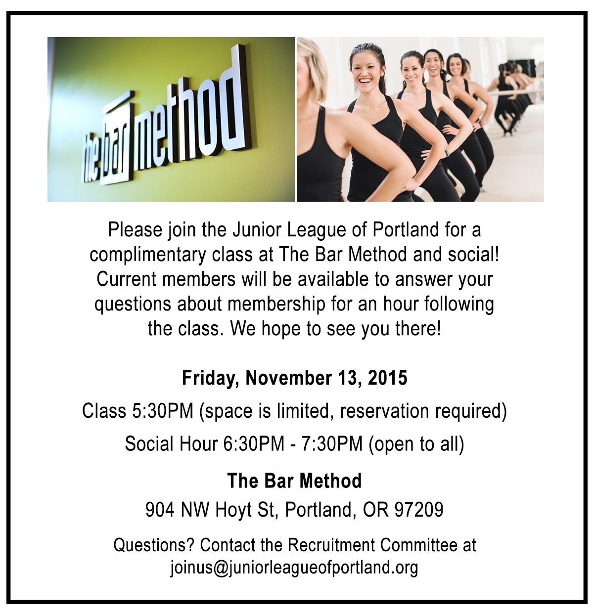 Bar Method Mixer – Junior League of Portland OR